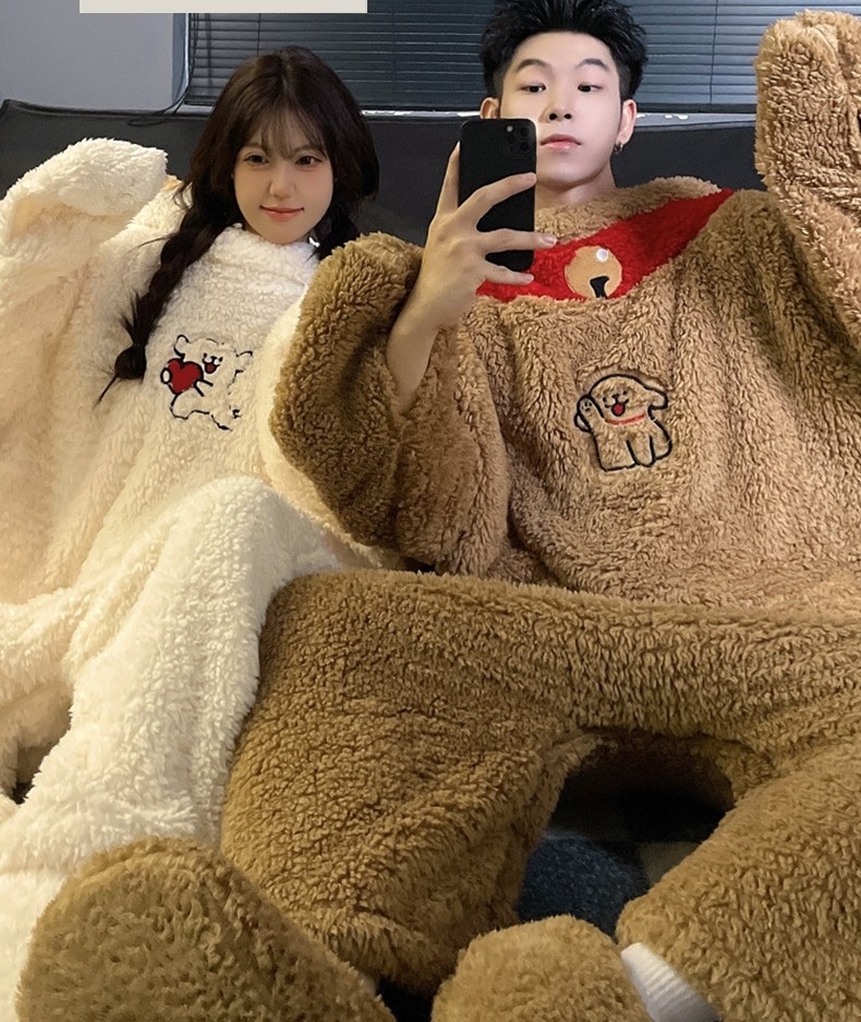 Cute Bear Couple Matching Pajamas Onesie Winter Thickened Coral Velvet ...