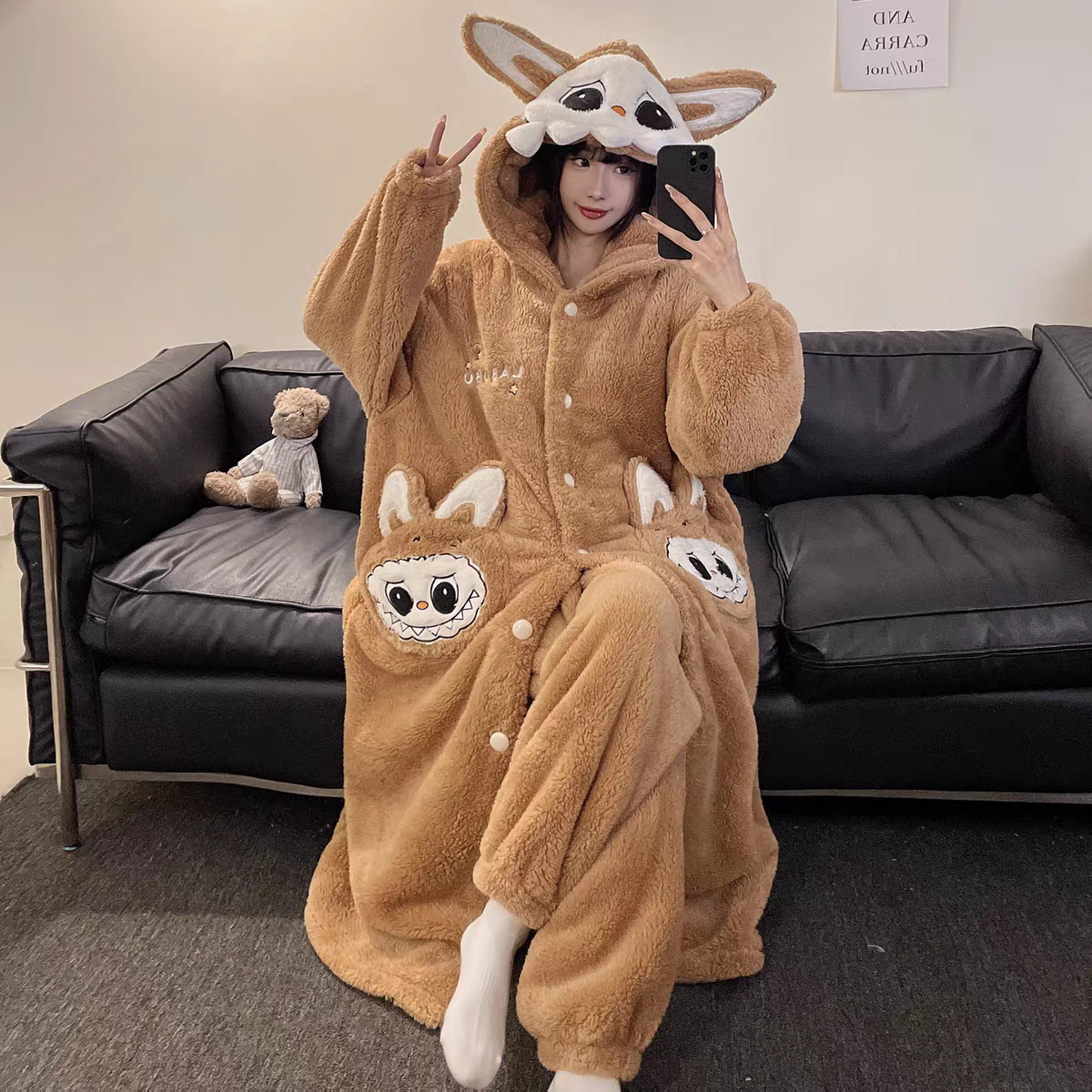 Brown Labubu Hooded Long Plush Robe Loungewear Set For Hallowee Couples ...