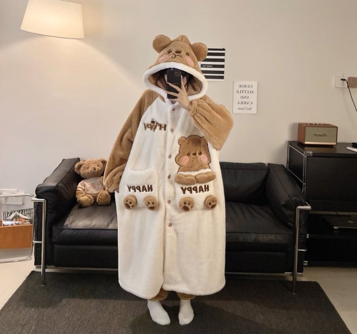 Cream Bear Robes Hooded Loungewear Set For Couple Matching Halloween ...