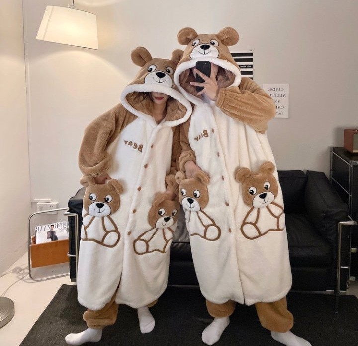 Cute Bear Robes Long Plush Hooded Loungewear Set For Couple Matching ...