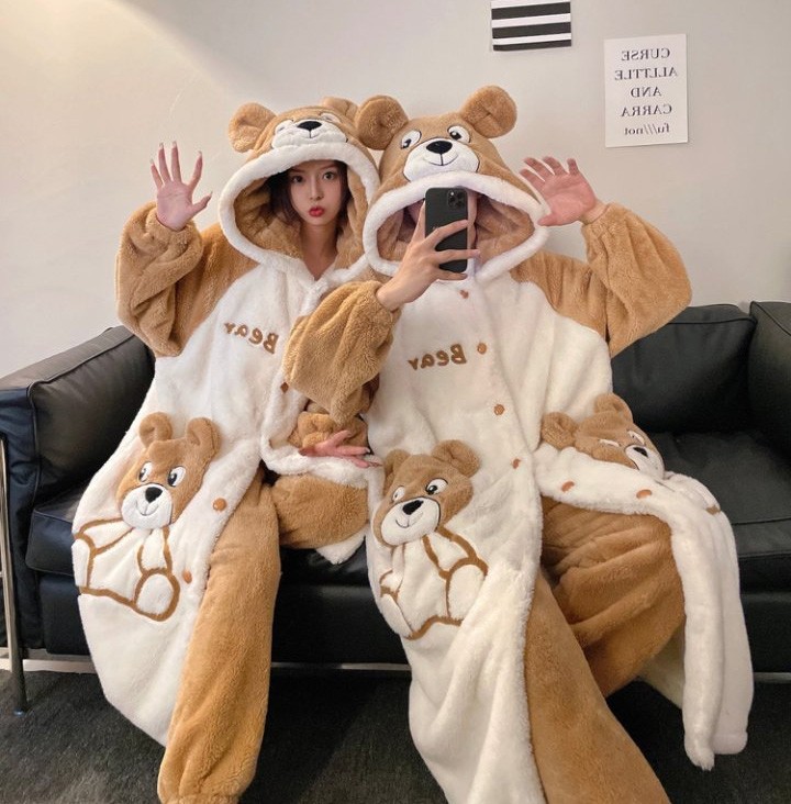 Cute Bear Robes Long Plush Hooded Loungewear Set For Couple Matching ...