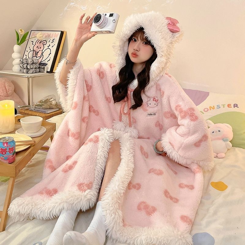 Cute Cartoon Sweet Coral Velvet Nightgown Oversized Hooded Pajamas
